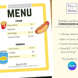 3 Editable Concession Menus Concession Stand Team Mom Canva Template ...
