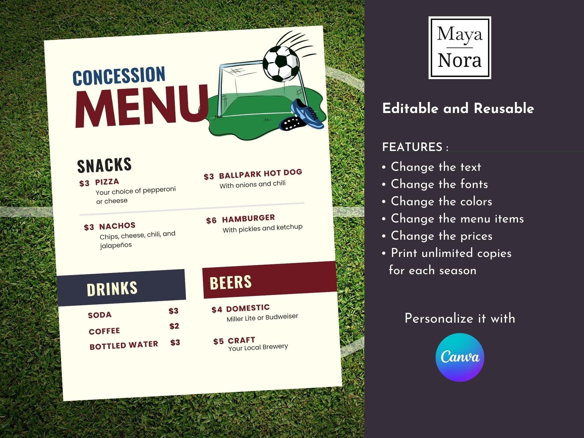 SOCCER Concession Stand Menu Instant Download Editable Canva Template ...