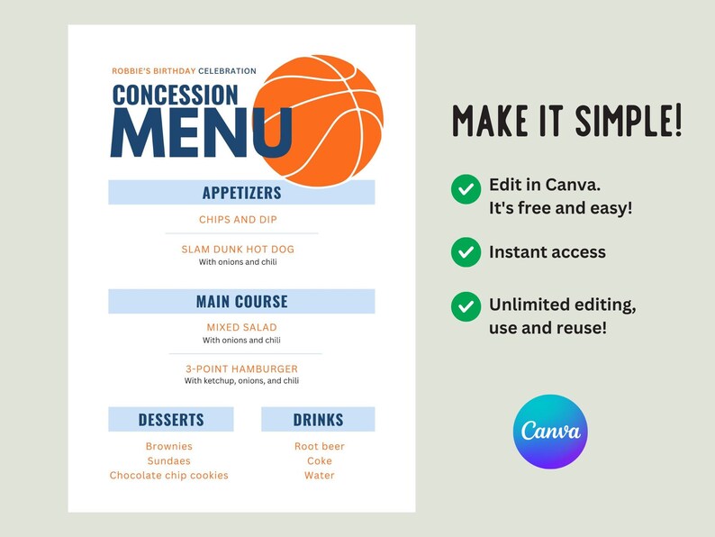 Concession Menu Editable Canva Template Stand Basketball Birthday ...