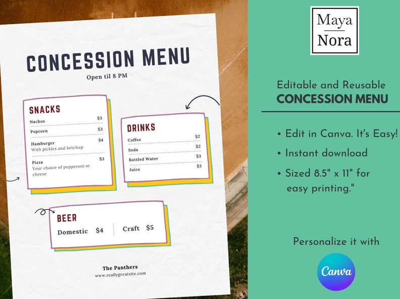 Editable Concession Stand Menu, Canva Template, Printable Digital ...