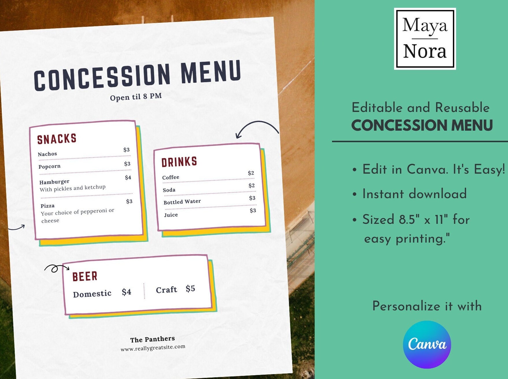 Editable Concession Stand Menu Baseball Instant Download Canva Template ...