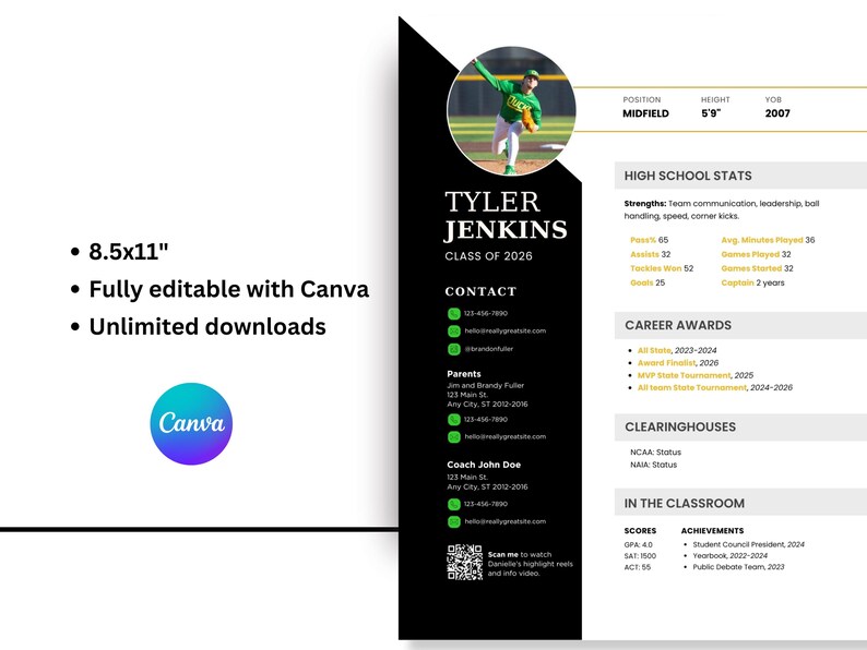 Athlete Profile Sheet and Cover Letter Editable College Resume ...