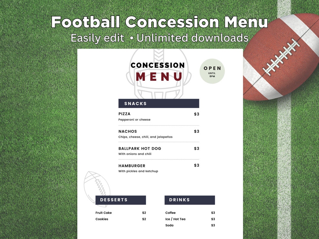 Football Concession Stand Menu Football Concession Instant Download ...