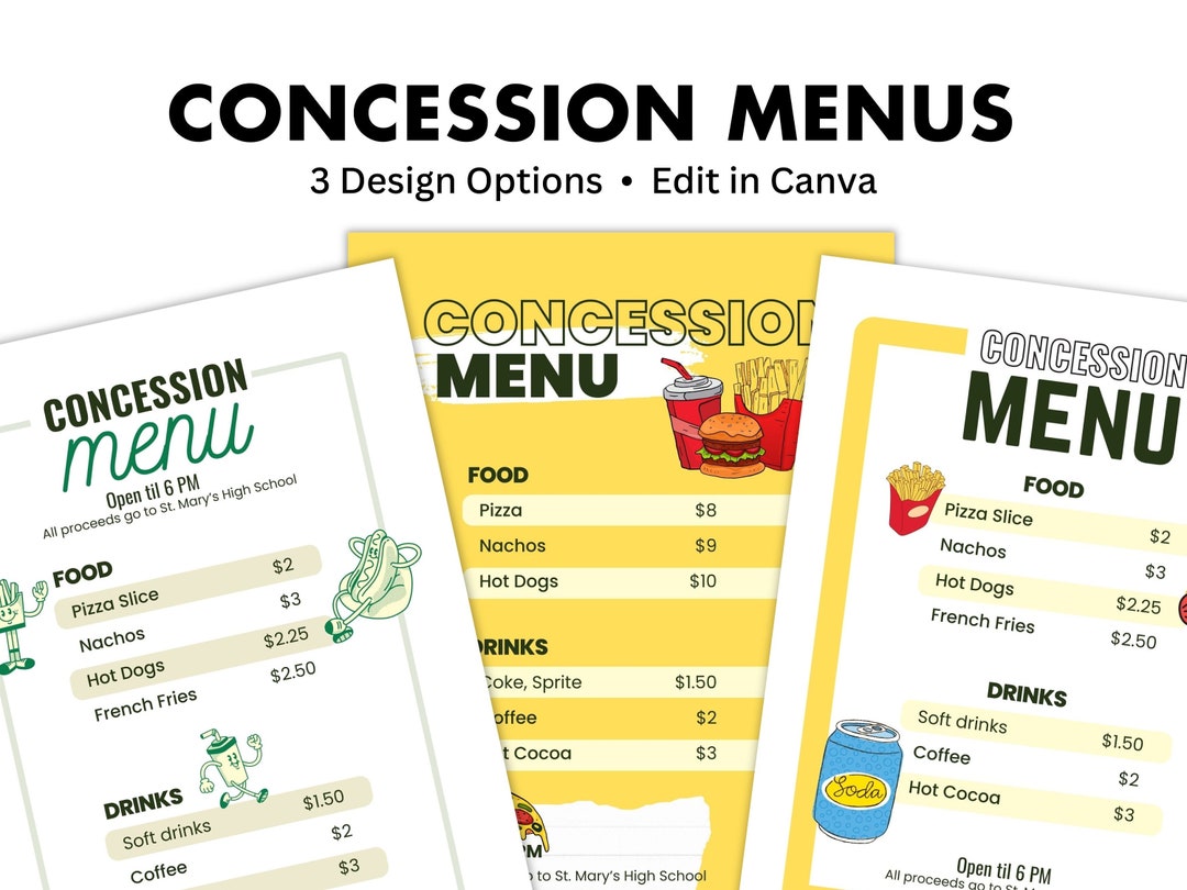 Editable Concession Menus Concession Stand 3 Designs Team Mom Canva ...