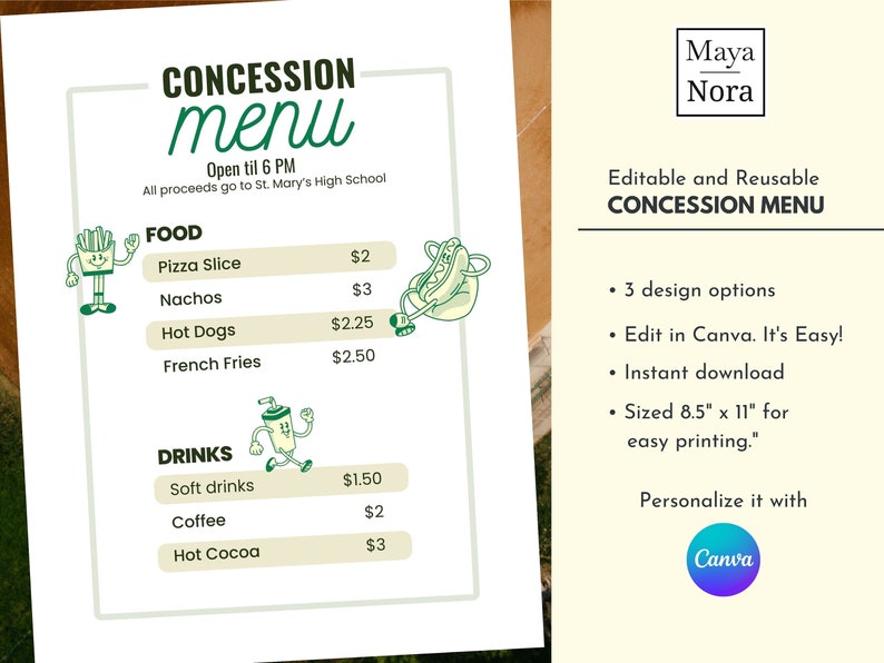 3 Editable Concession Menus, Canva Template, Team Mom, Volunteer Movie ...