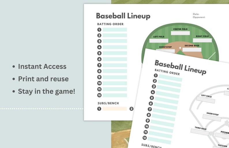 Instant Download Baseball Lineup and Field Position Sheet Batting Order ...