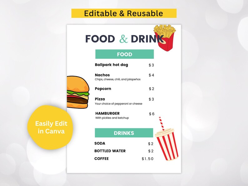 Digital Editable Concession Stand Menu Baseball Football Instant ...