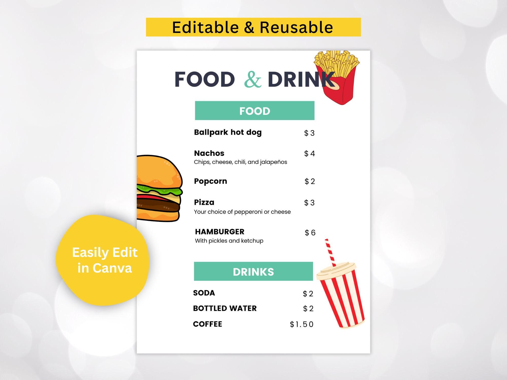 Digital Editable Concession Stand Menu Baseball Football Instant ...