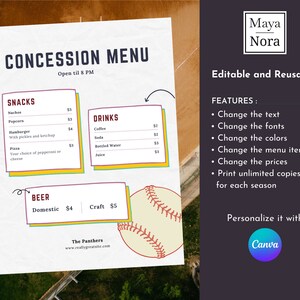 Editable Concession Stand Menu Baseball Instant Download Canva Template ...