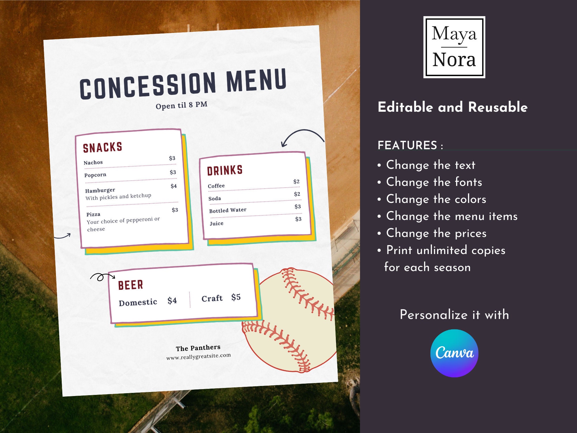 Editable Concession Stand Menu Baseball Instant Download Canva Template ...