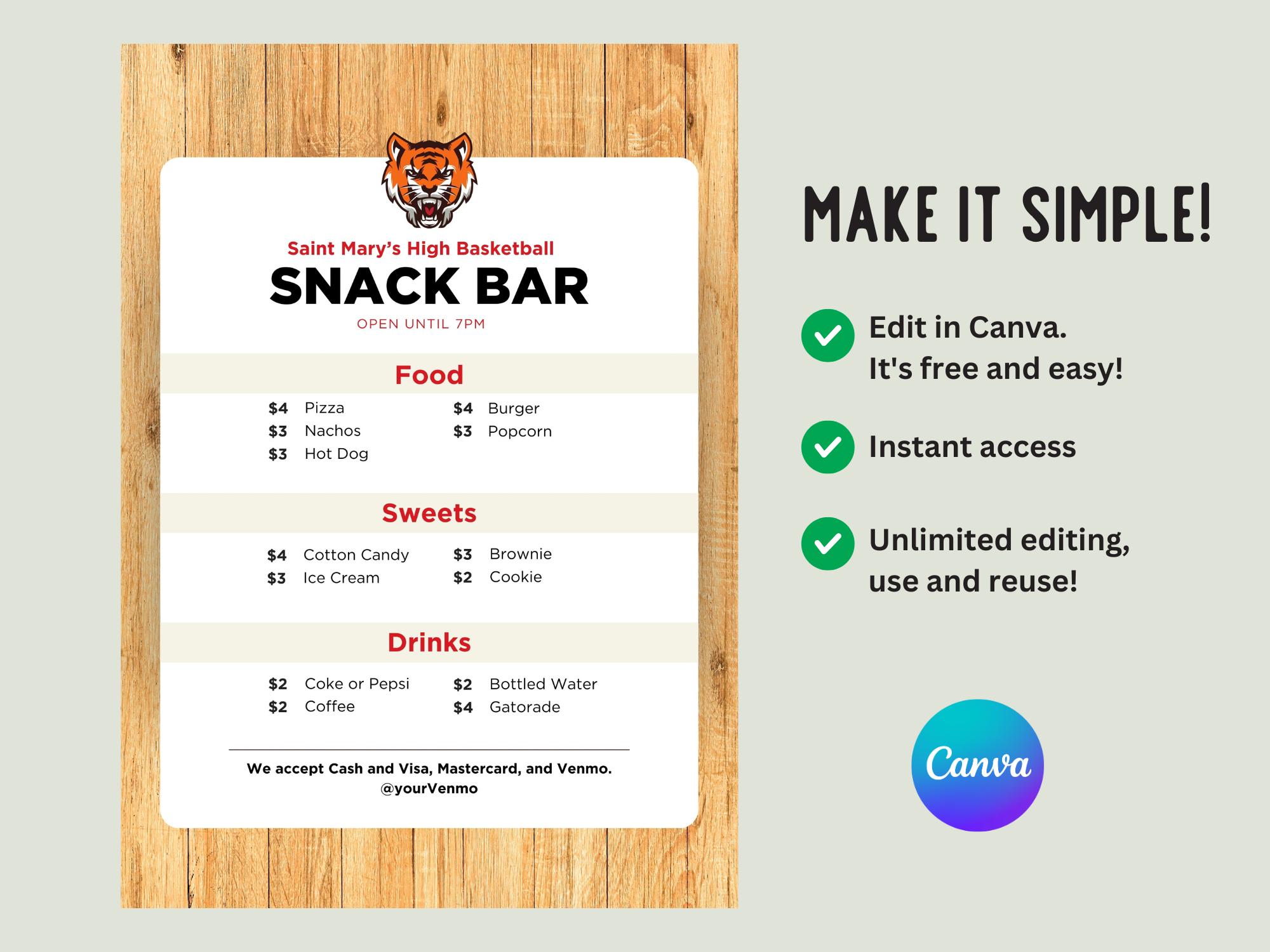 Sports Snack Bar Concession Stand Editable Canva Template Menu ...