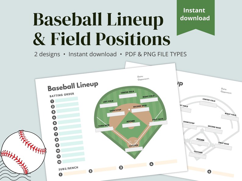 Instant Download Baseball Lineup and Field Position Sheet - Etsy