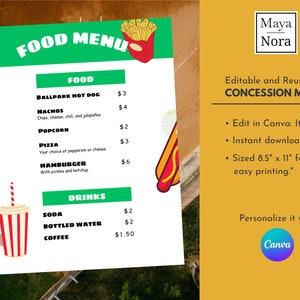 Editable Concession Stand Menu Baseball Instant Download Canva Template ...