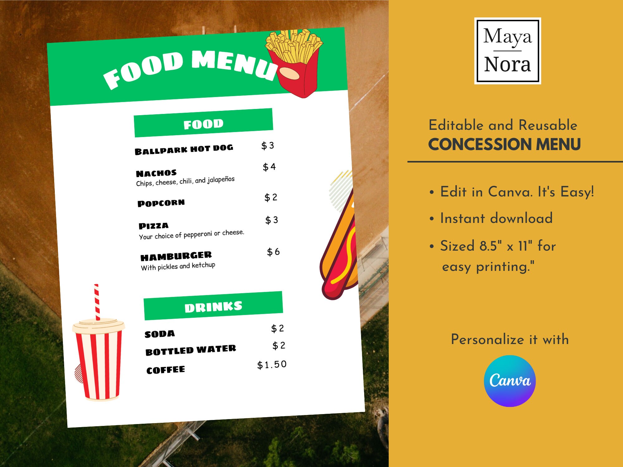 Editable Concession Stand Menu Baseball Instant Download Canva Template ...