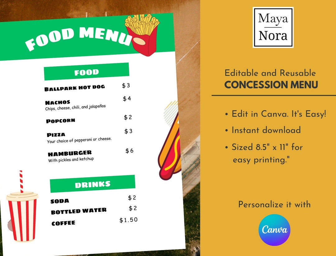 Editable Concession Stand Menu, Baseball Instant Download Canva ...