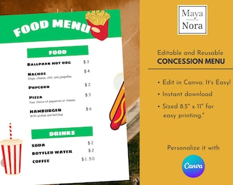 Editable Concession Stand Menu Softball, Instant Download Canva ...