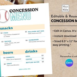 Editable Baseball Concession Stand Menu Softball Digital Instant ...