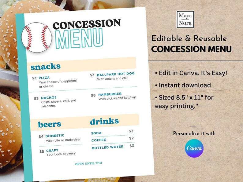 Editable Baseball Concession Stand Menu Softball Digital Instant ...