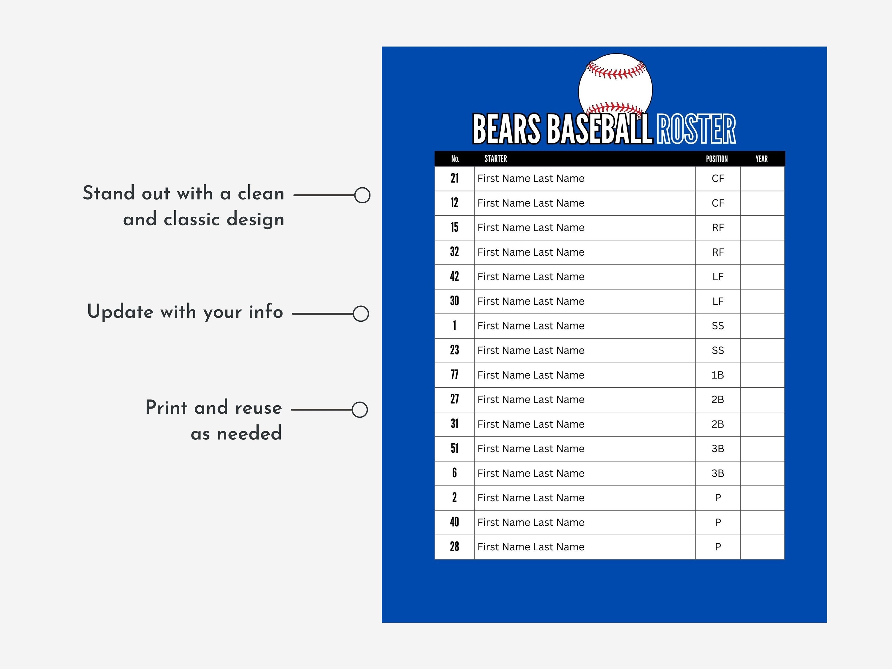Editable Baseball Team Roster Canva Template Baseball Team Player ...