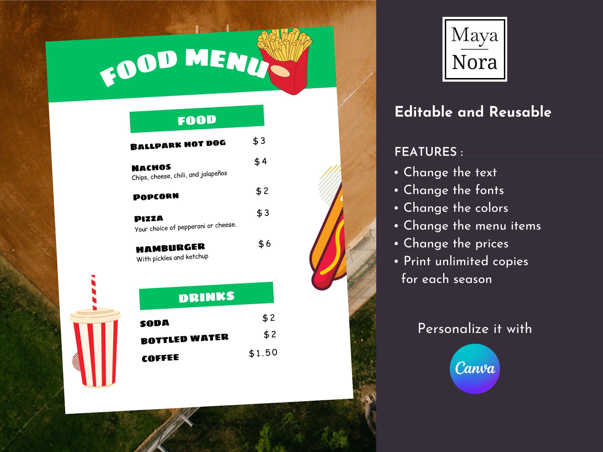 Editable Concession Stand Menu Baseball Instant Download Canva Template ...