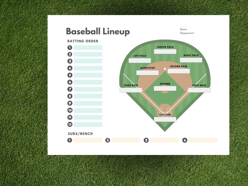 Instant Download Baseball Lineup and Field Position Sheet Batting Order ...