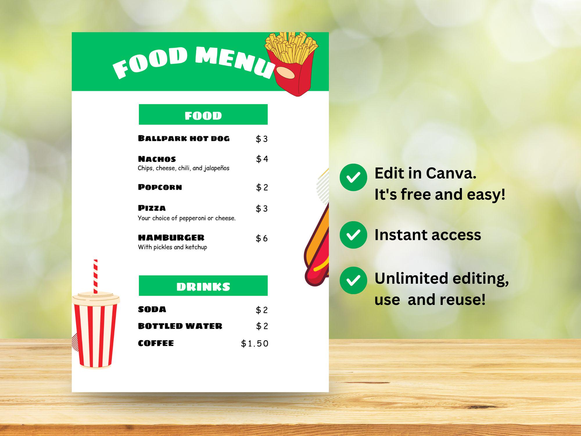 Editable Concession Stand Menu Instant Download Canva Template ...