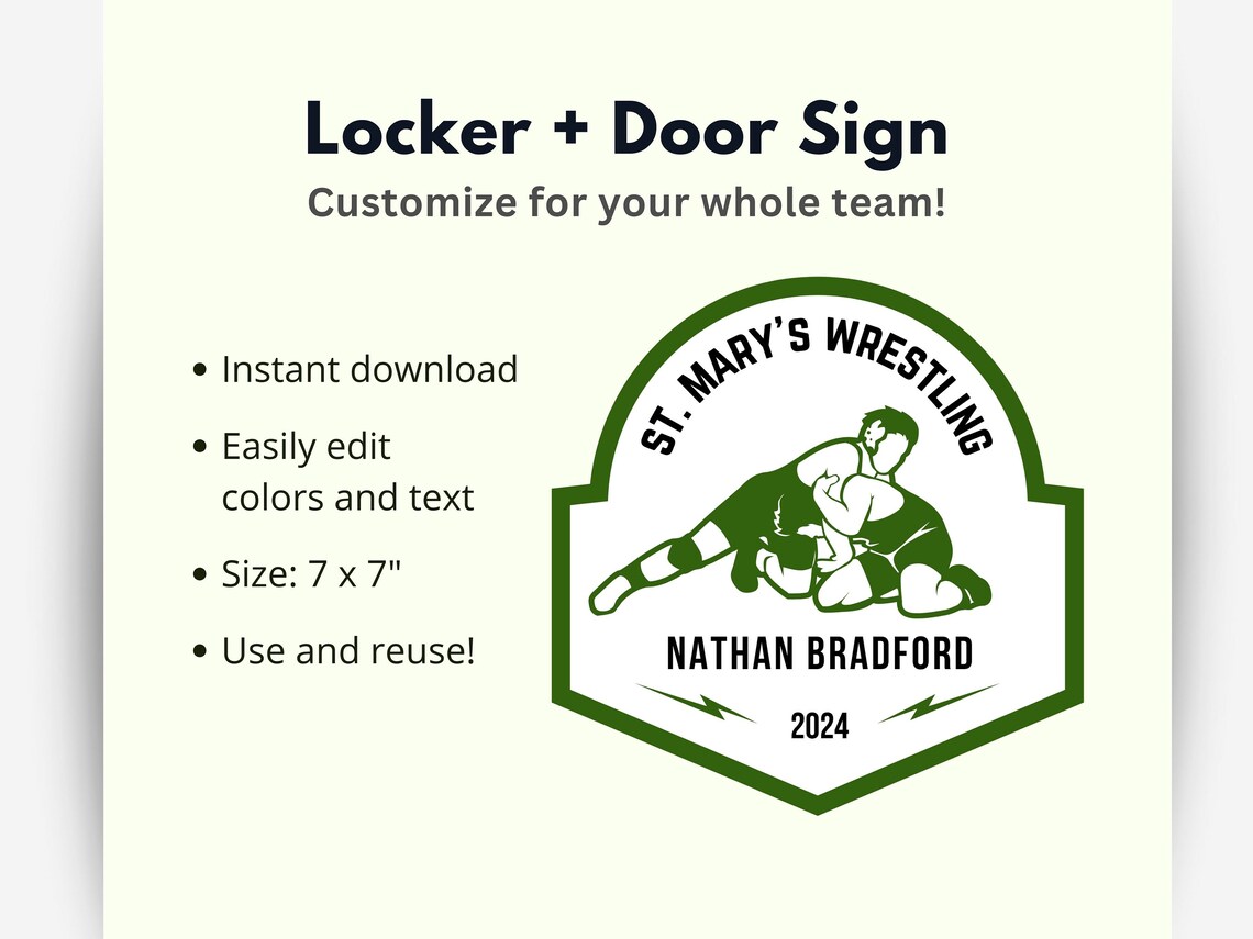 Wrestling Locker Sign EDITABLE Locker Decoration Decoration Name Tag ...