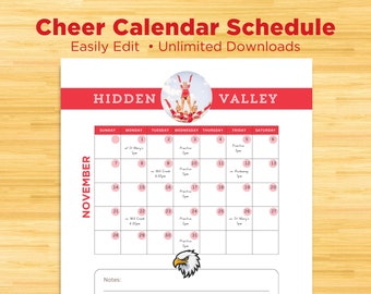 Editable Cheerleader Calendar Template, Instant Download Practice Game ...