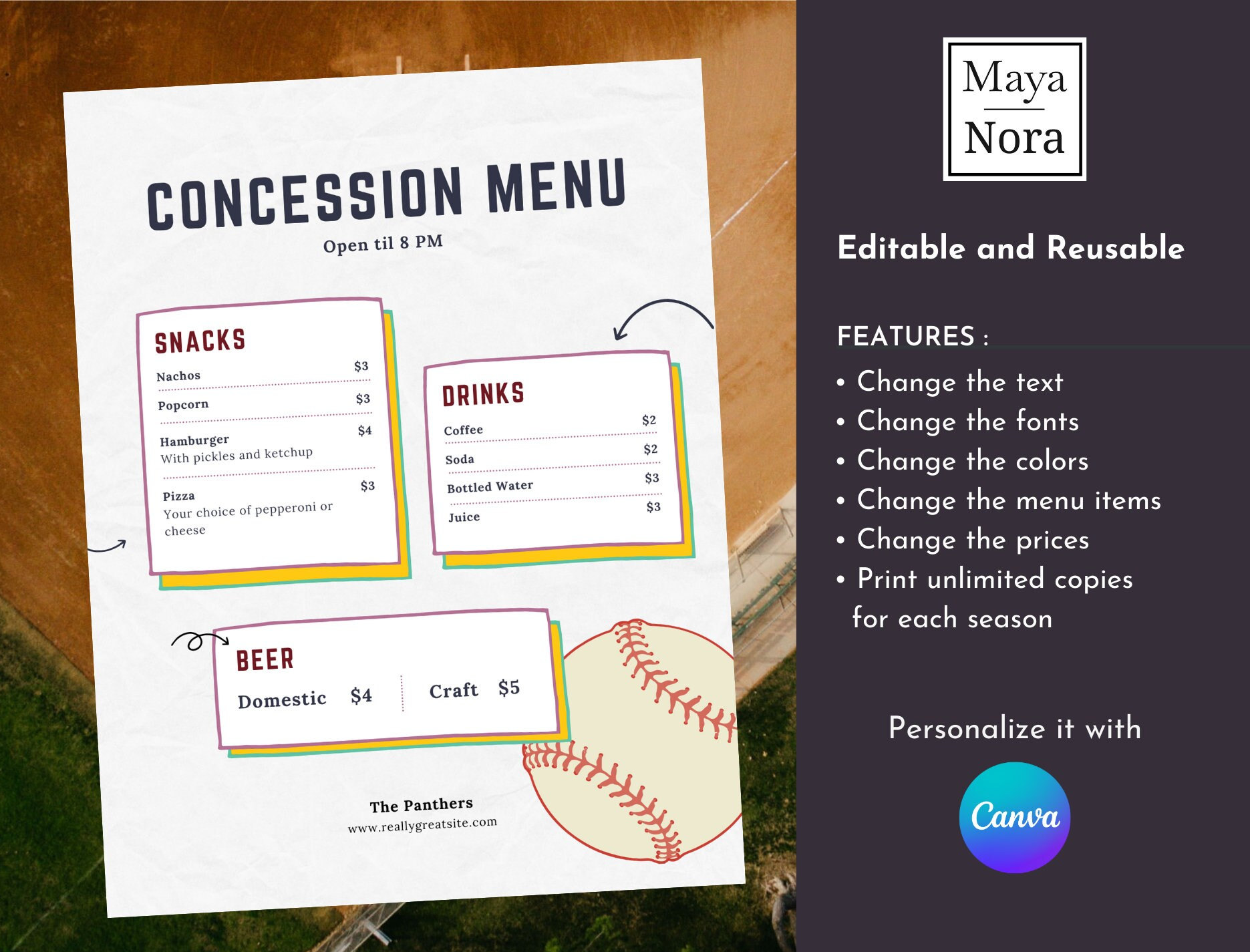Editable Concession Stand Menu Baseball Instant Download Canva Template ...