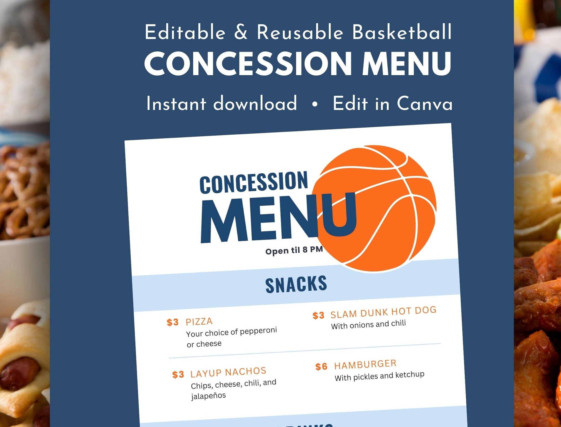 Digital Editable Concession Stand Menu, Basketball Instant Download ...