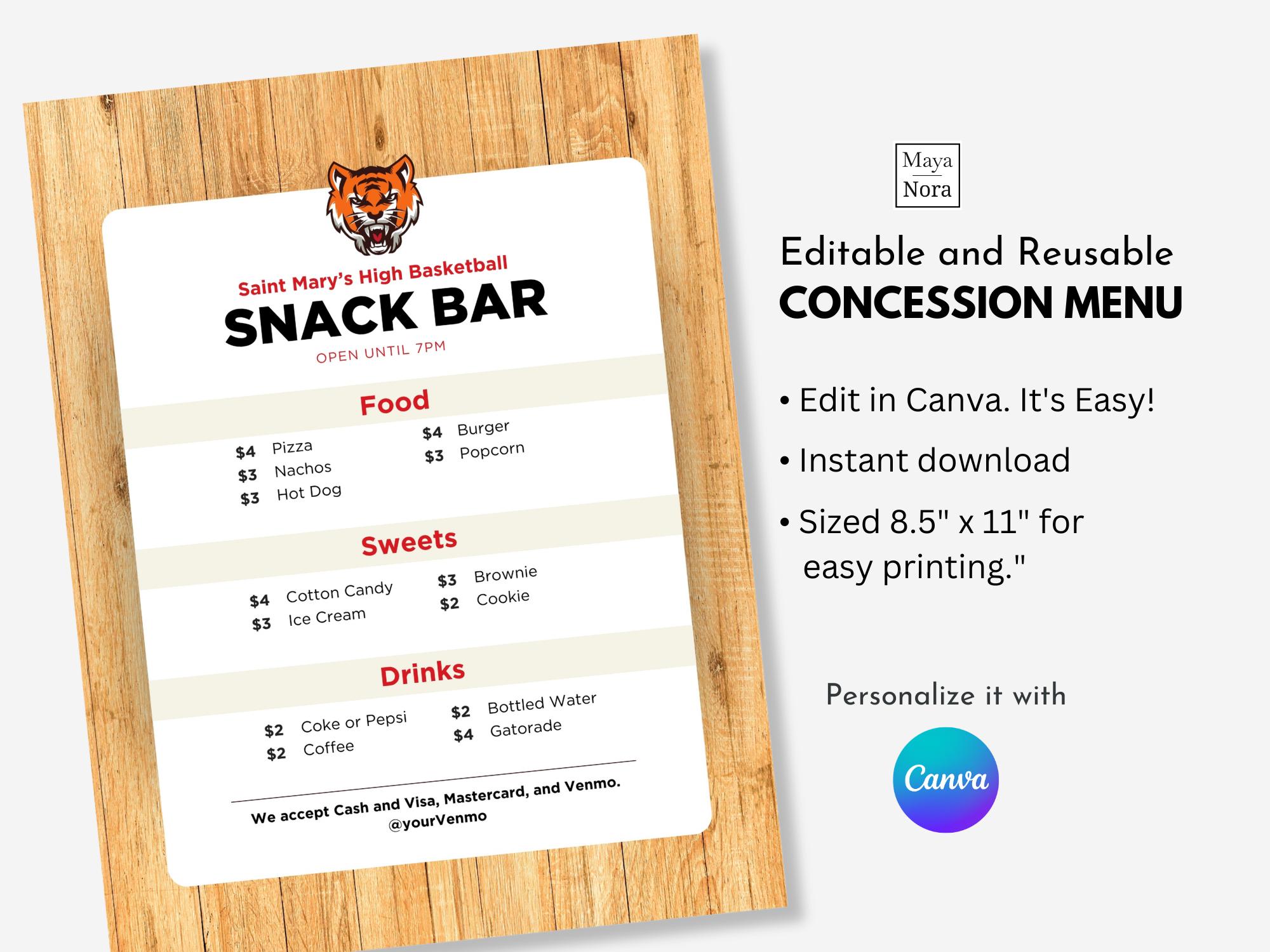 Sports Snack Bar Concession Stand Editable Canva Template Menu ...