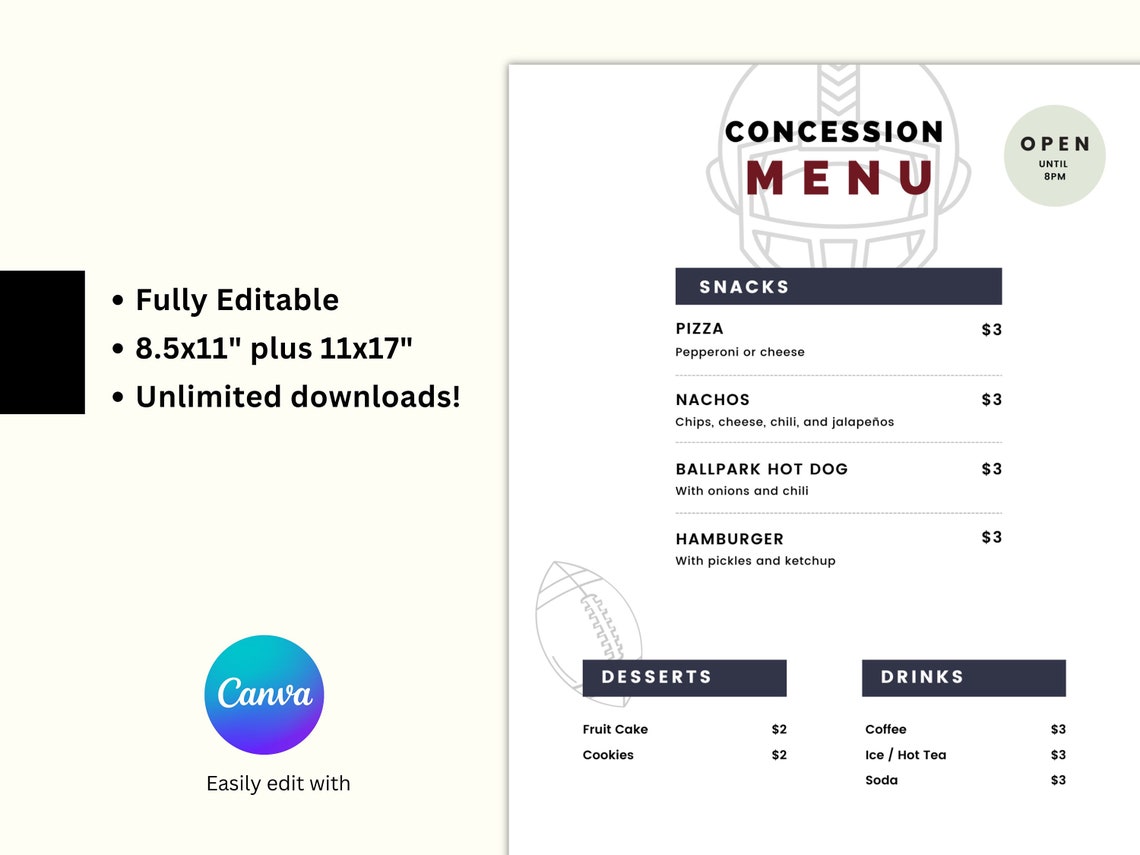 Football Concession Stand Menu Football Concession Instant Download ...