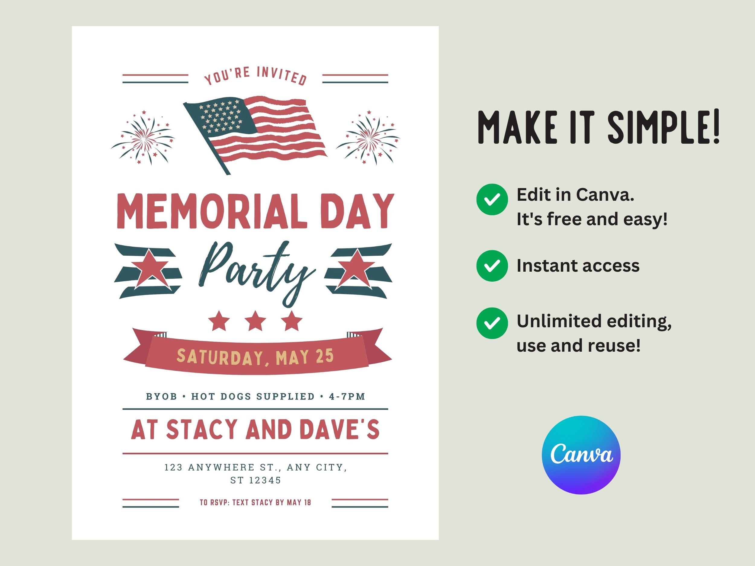 Editable Memorial Day Invitation Memorial Day Party Invite Memorial Day ...