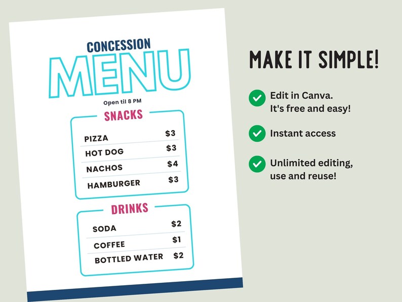 Editable Concession Stand Menu Printable Concession Menu Digital ...