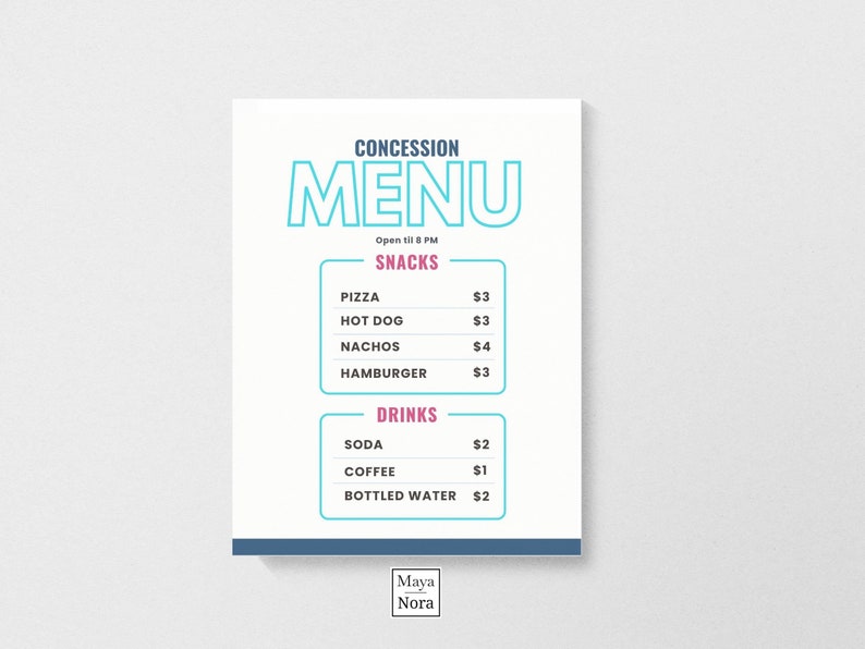 Editable Concession Stand Menu Printable Concession Menu Digital ...