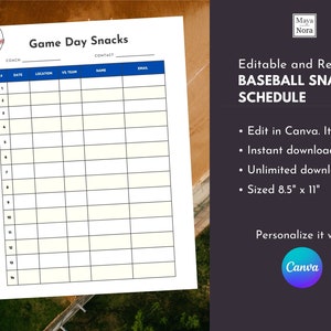 Editable Baseball Team Game Day Snack Schedule Instant - Etsy