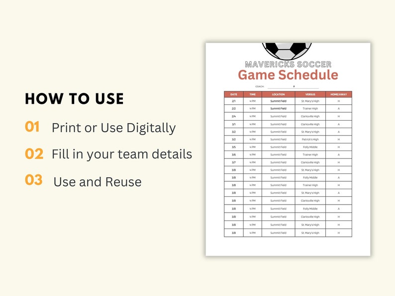 Editable Soccer Schedule and Game Calendar Game Day Team Formation Line ...