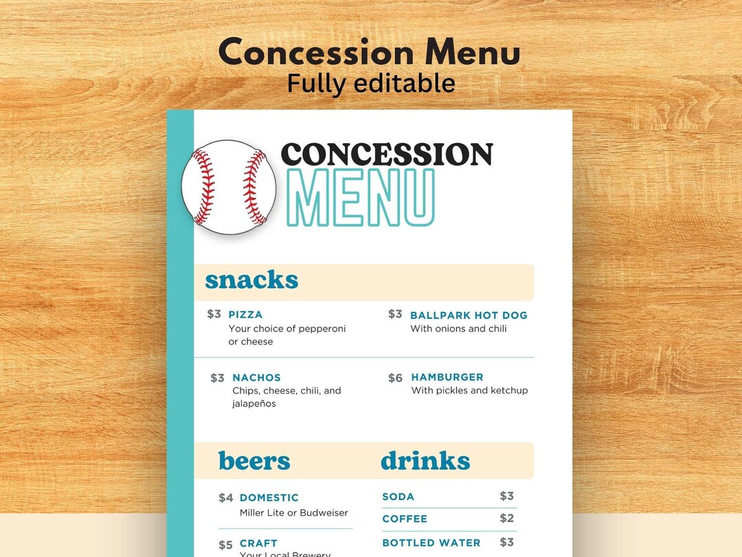 Editable Baseball Concession Stand Menu Softball Digital Instant ...