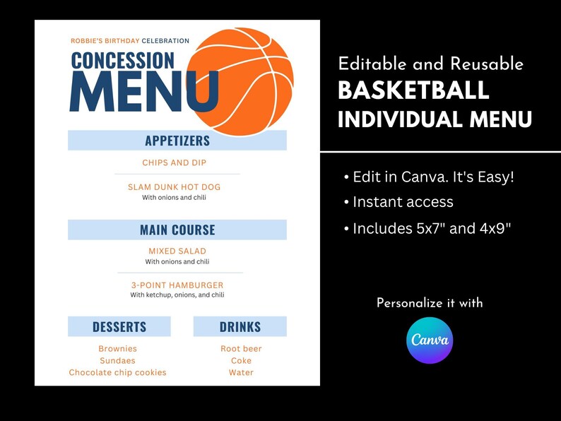 Concession Menu Editable Canva Template Stand Basketball Birthday ...