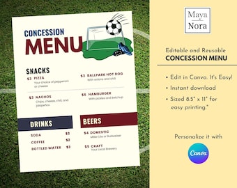 Editable Concession Stand Menu Baseball, Instant Download Canva ...