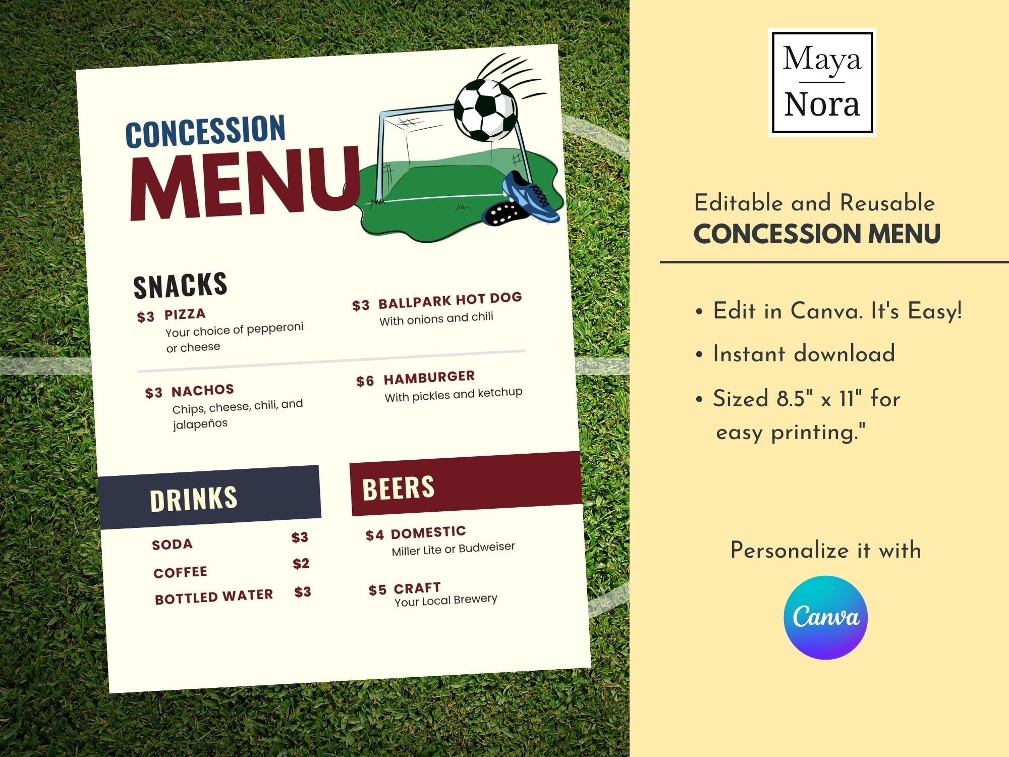 SOCCER Concession Stand Menu Instant Download Editable Canva Template ...