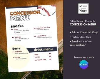 Editable Concession Stand Menu Baseball, Instant Download Canva ...