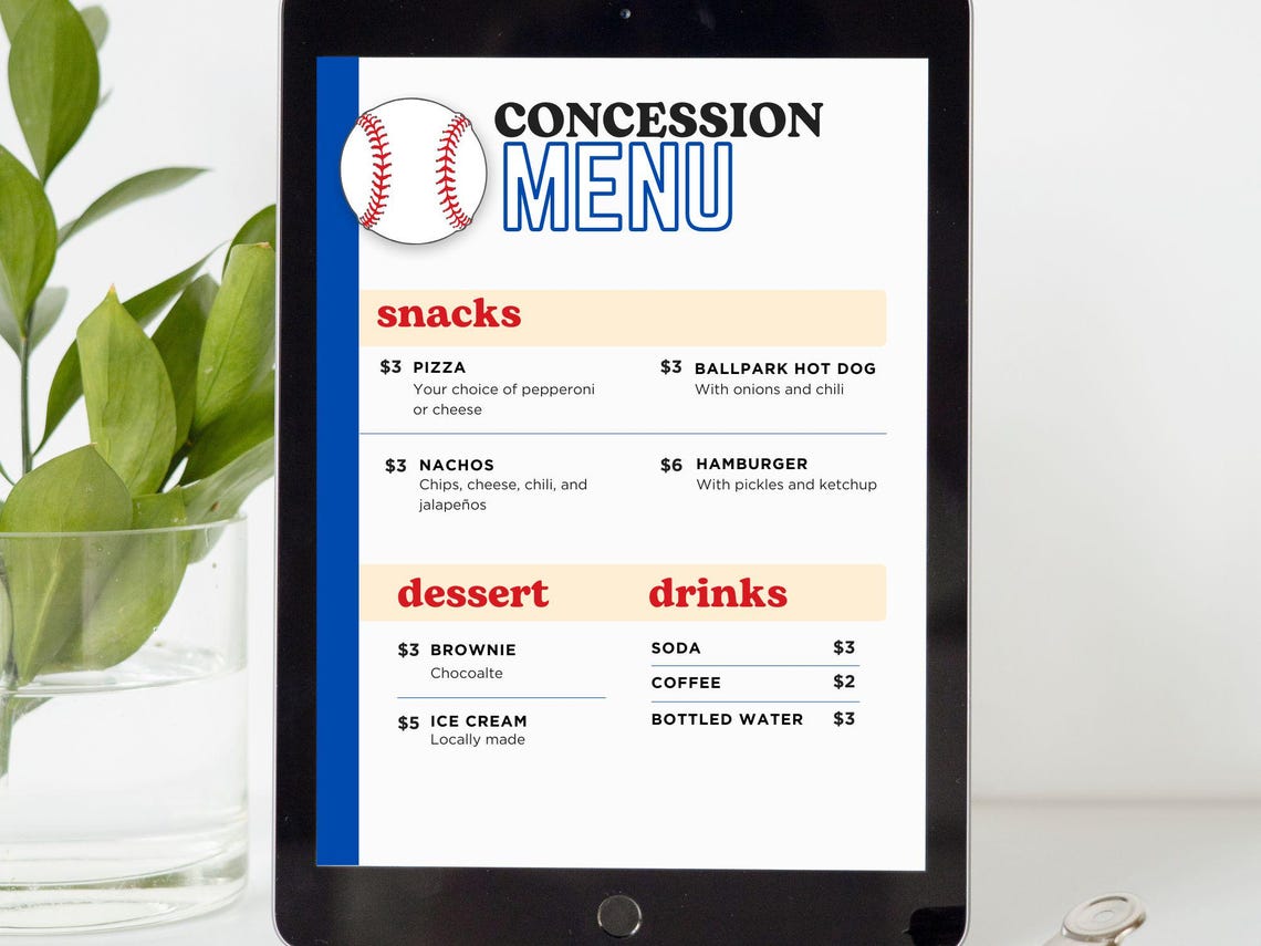 Editable Baseball Concession Stand Menu Softball Digital Instant ...