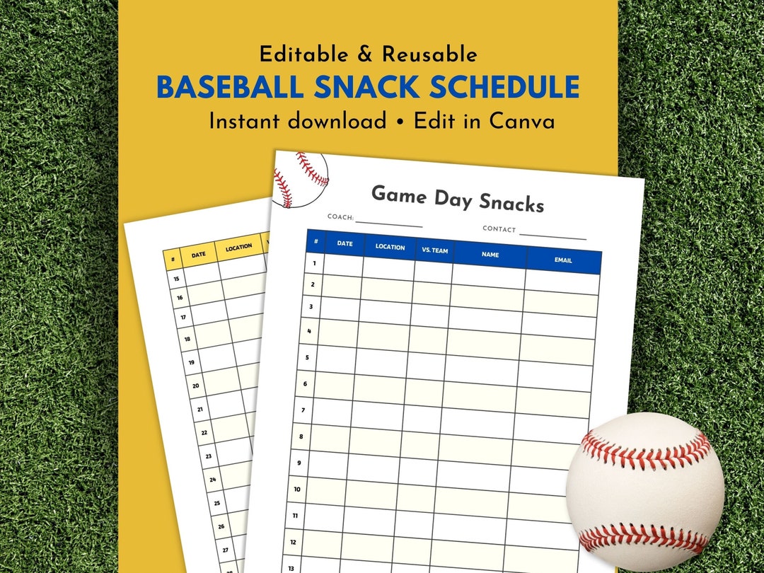 Editable Baseball Team Game Day Snack Schedule Instant - Etsy