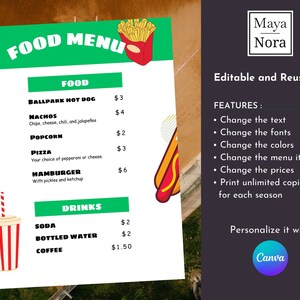 Editable Concession Stand Menu, Baseball Instant Download Canva ...
