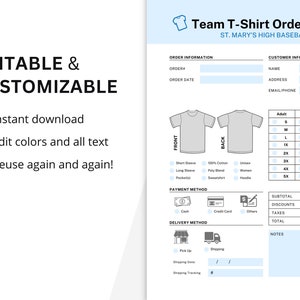 Editable Uniform Order Form T-shirt Team Customizable Canva Printable ...