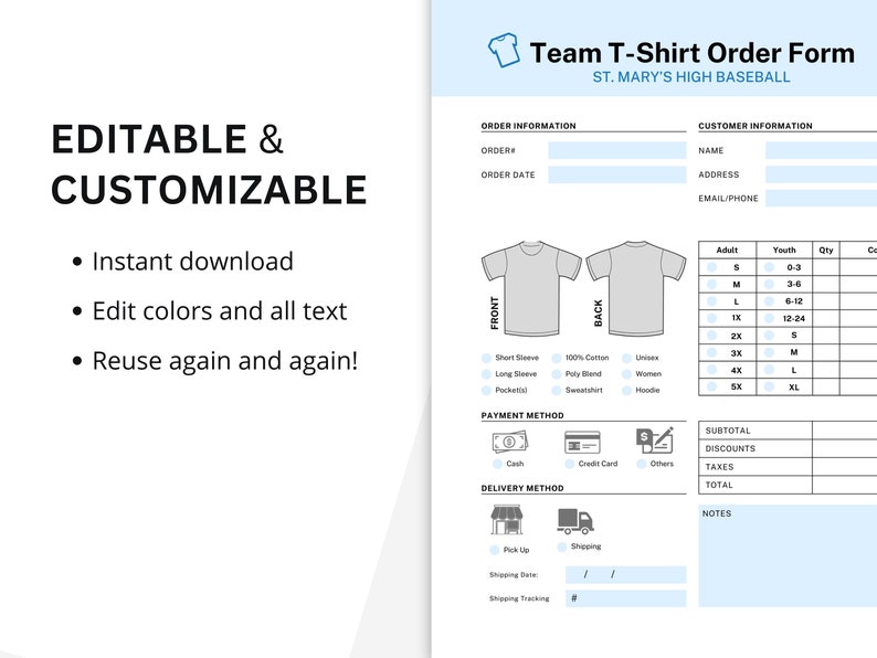 Editable T-shirt Uniform Order Form Team Sign up Sheet Printable ...