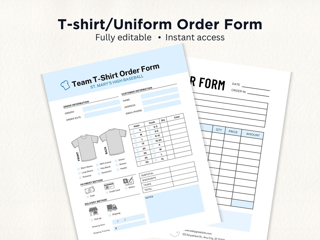 Editable T-shirt Uniform Order Form Team Customizable Printable Small ...