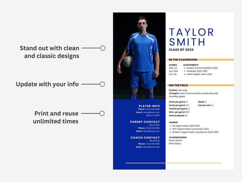 Sports Athlete Profile Sheet College Recruiting Resume Editable Canva ...