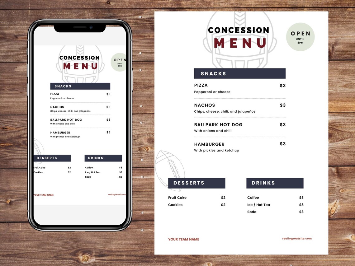 Football Concession Stand Menu Football Concession Instant Download ...